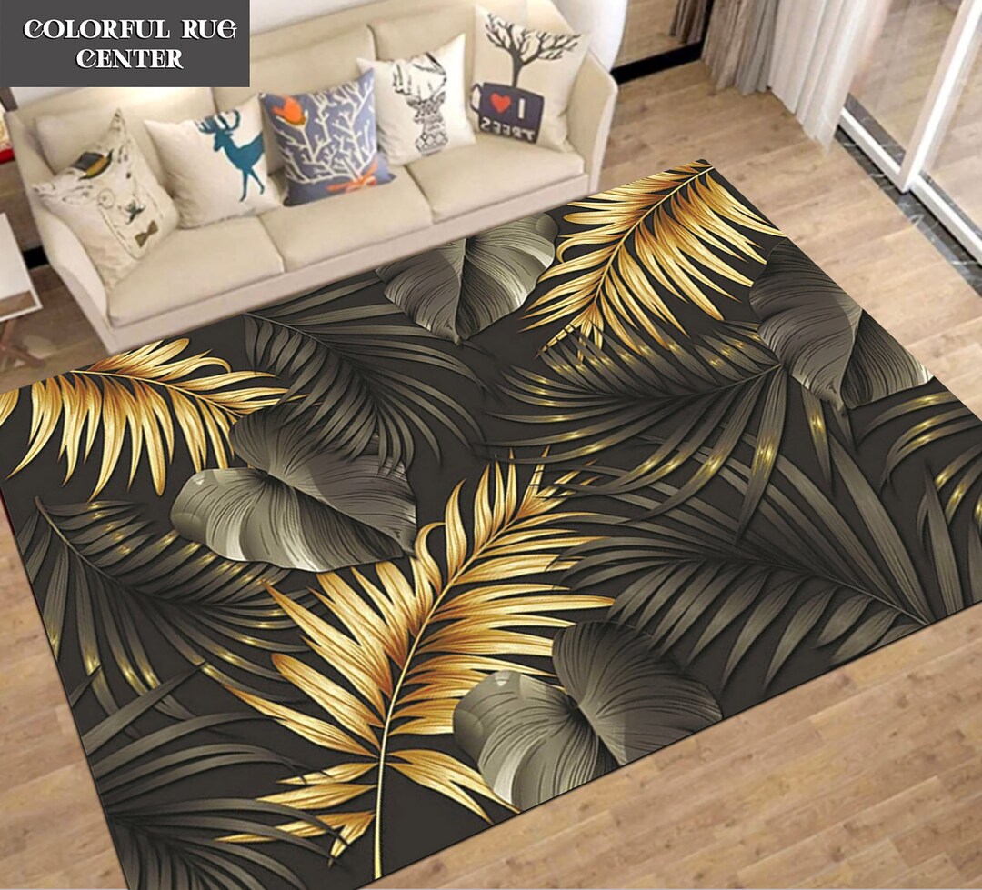 Gold Leaf Rug, Leaf Pattern Rug, Tropical Leaf, Leaf Rug, Black Leaf ...