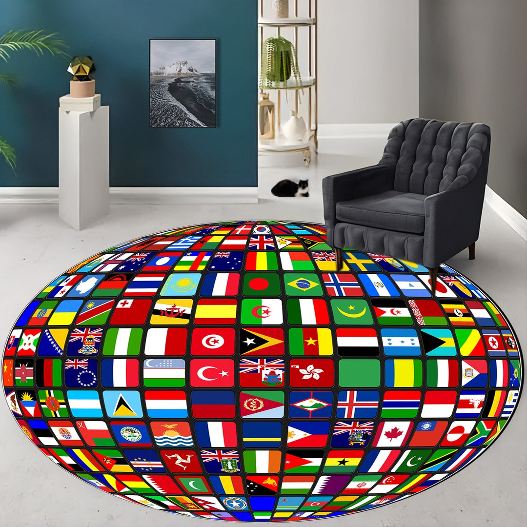 Flag, World Flags, Flag Themed Rug, Kids Room Rug, Round Rug, Map, Map ...