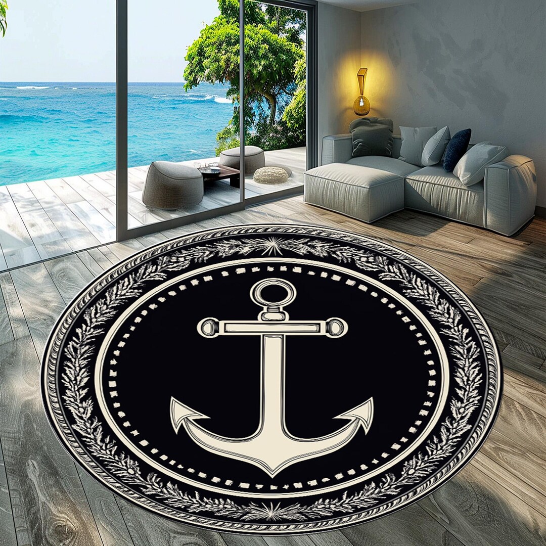 Nautical Anchor Round Rug: Marine Theme, Non-slip Cotton Base - Etsy