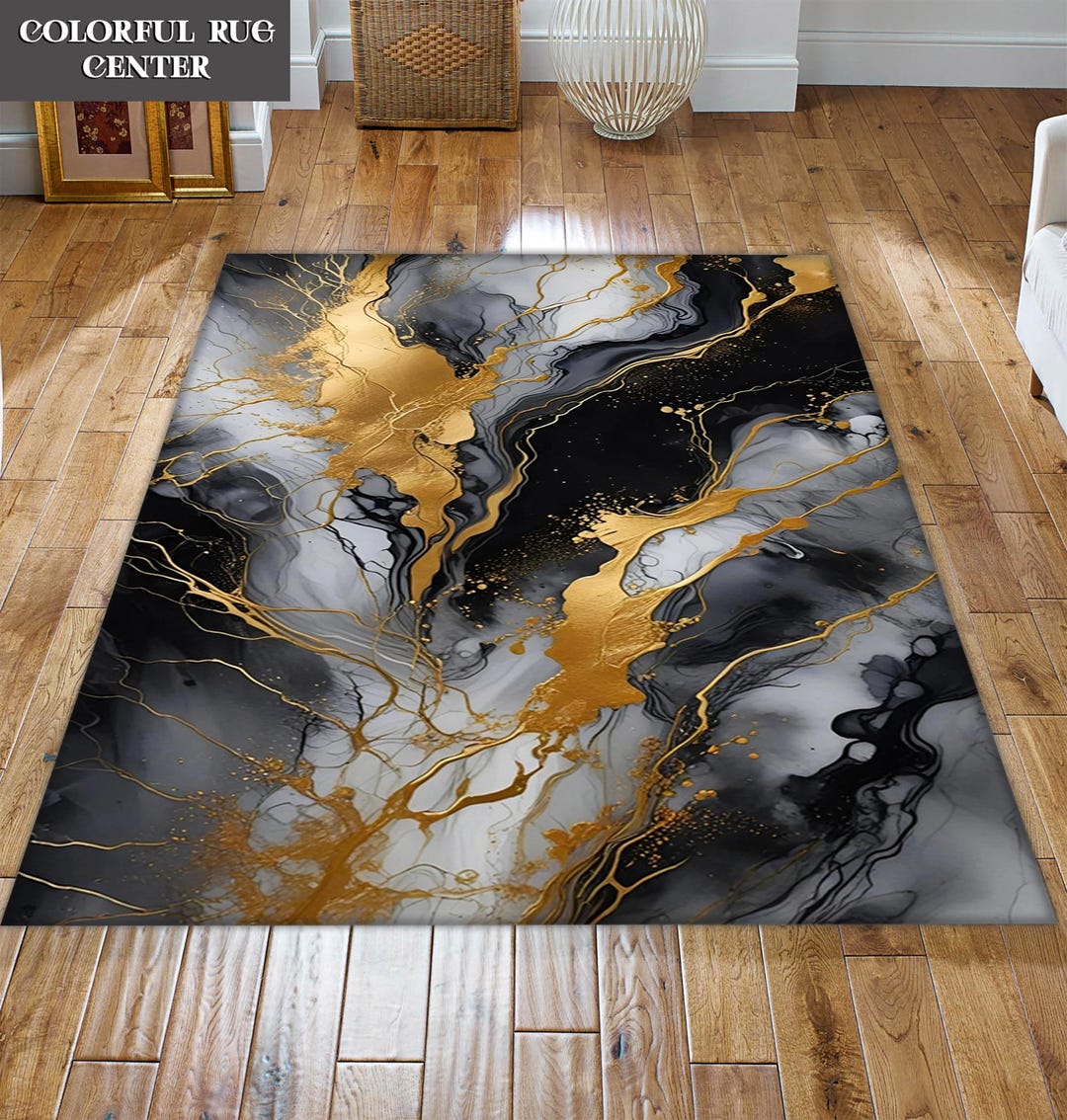 Black & White Rug,marble Rug,marble Pattern Rug,home Decor Rug,gold ...