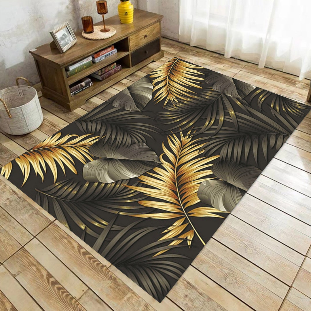 Gold Leaf Rug Leaf Pattern Rug Tropical Leaf Leaf Rug - Etsy