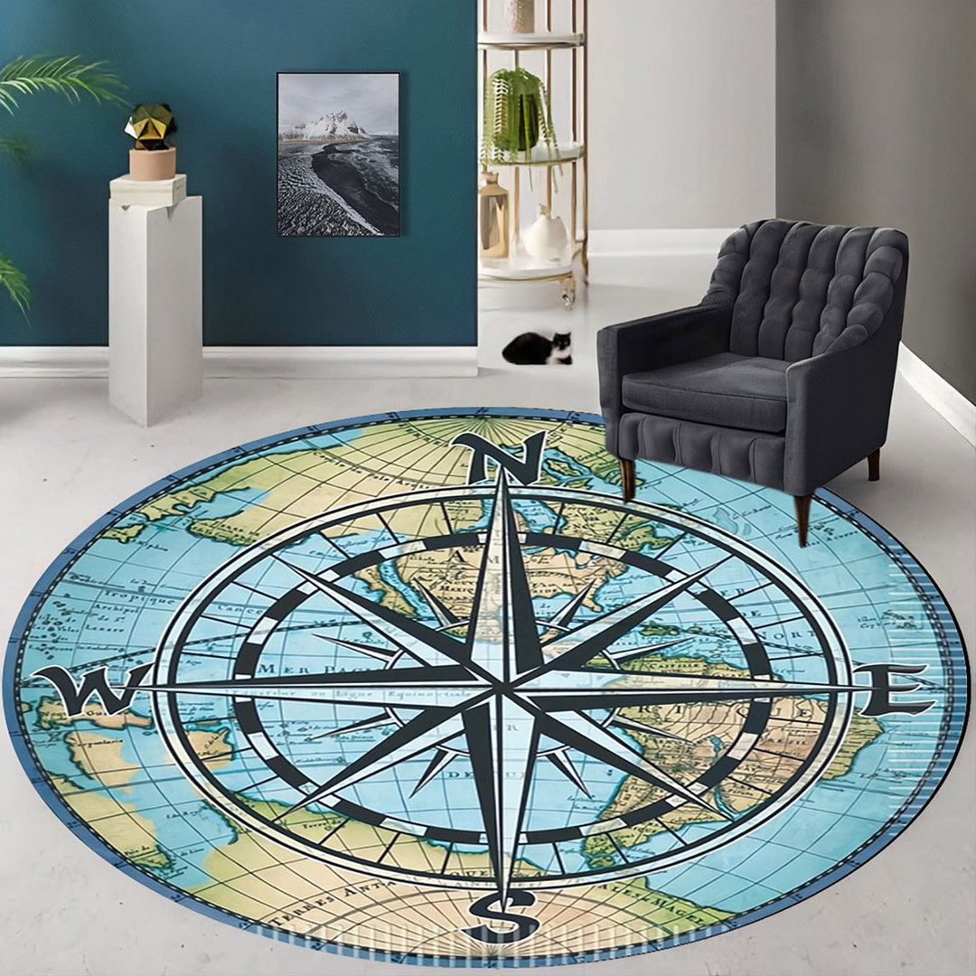 Compass Pattern Rug, Round Compass Rug, Nautical Rug, Medallion Rug ...