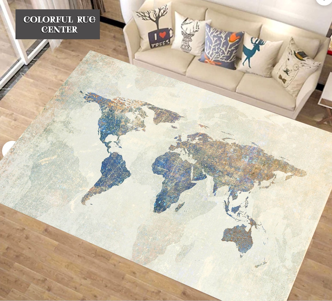 Light Color Rug, World Map Rug, Housewarming Gift, Floor Non Slip Rug ...