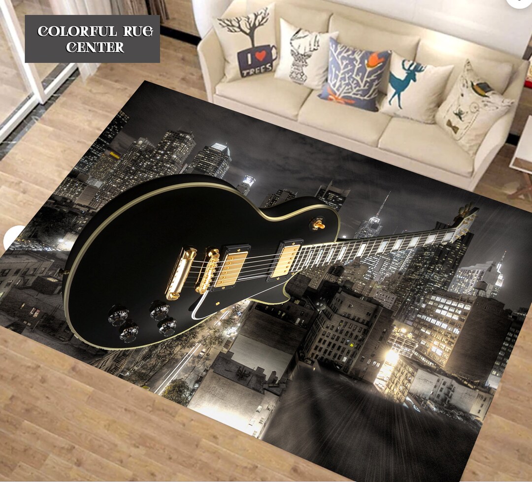 Guitar Rug, Musical Rug, Black Rug, Guitar Printed Rug, Music Lovers ...