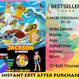 Pokemon Pool Party Birthday Invitation | Personalized by US or Instant ...