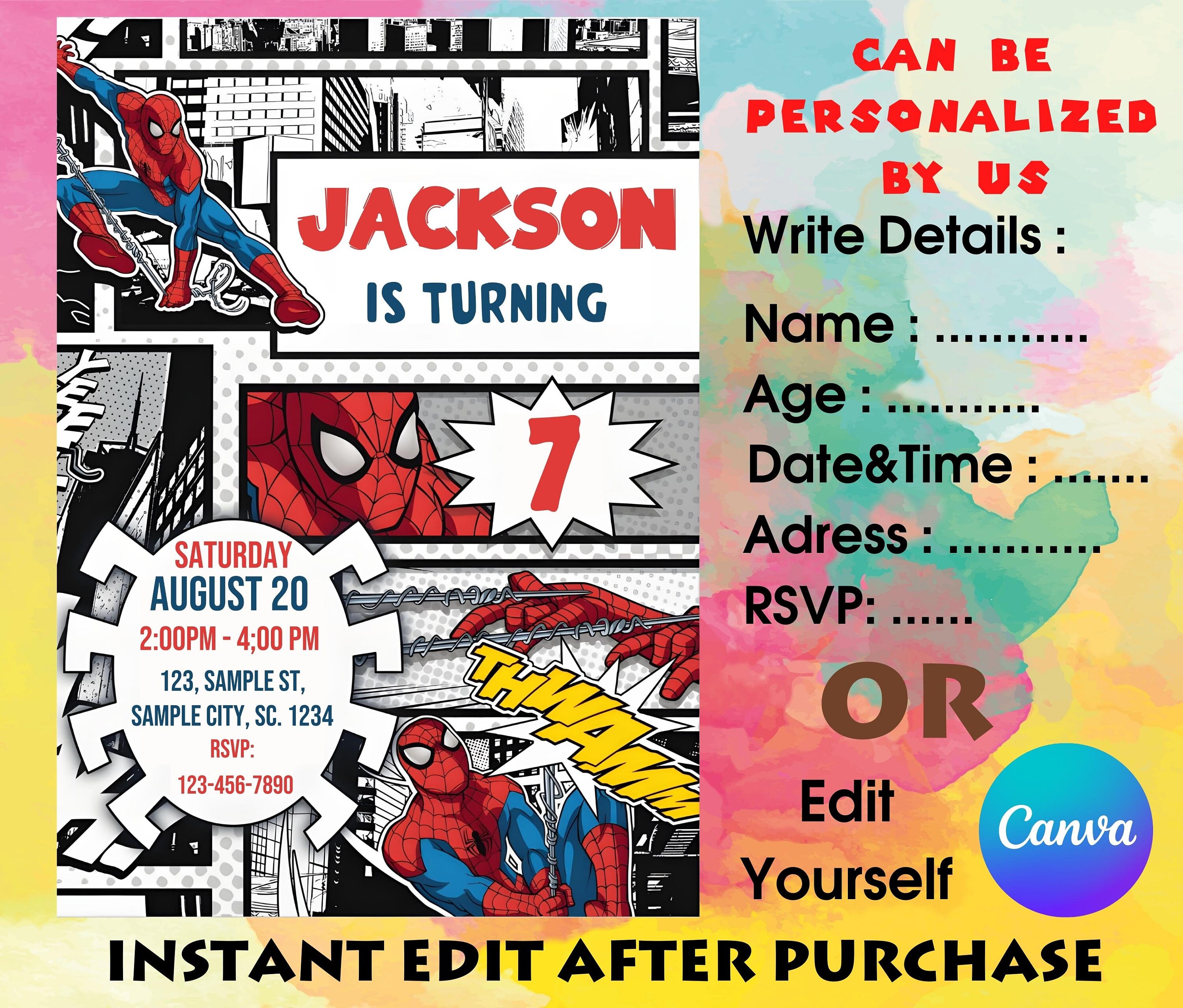 Spiderman Birthday Invitation Personalized by US or Instant - Etsy