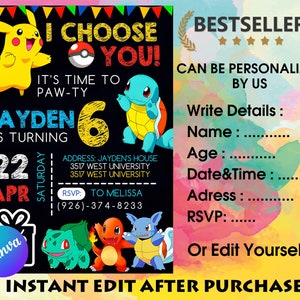 Pokemon Birthday Invitation | Kids Birthday Invitation | Personalized ...