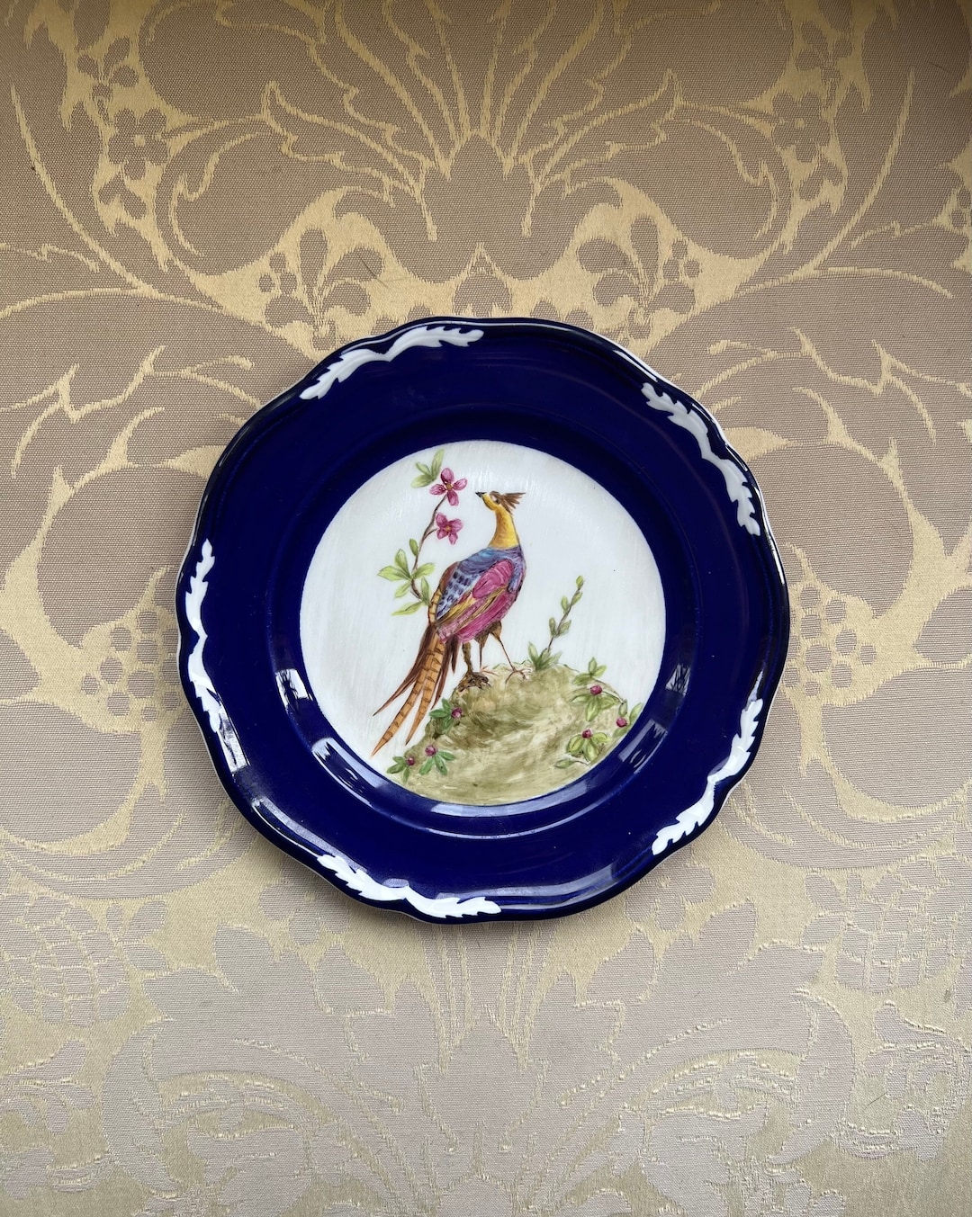 Vintage Cobalt Blue Plate Hand Painted Golden Pheasant by Joan Walker ...