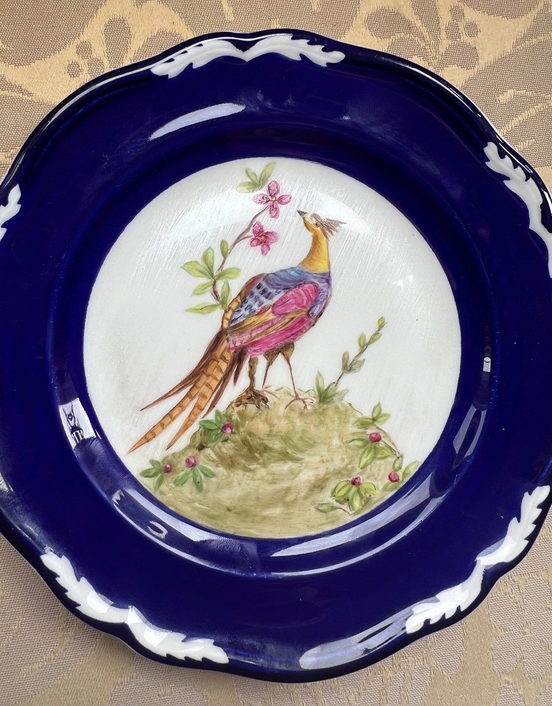 Vintage Cobalt Blue Plate Hand Painted Golden Pheasant by Joan Walker ...