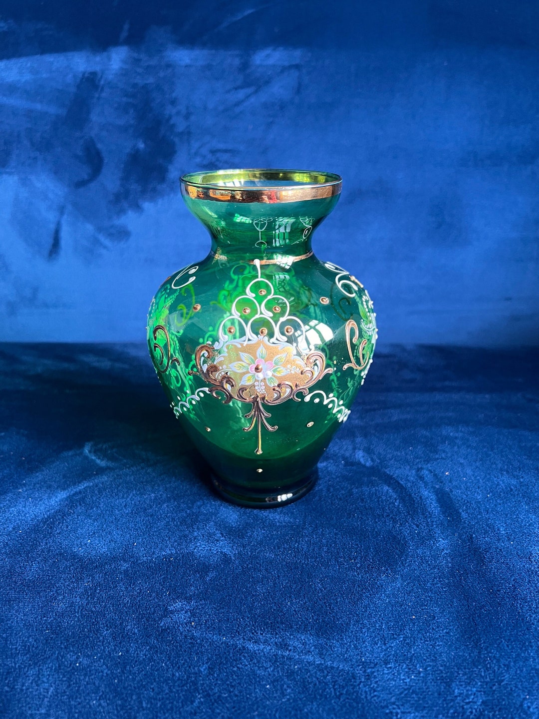 Antique Hand Blown Murano Emerald Green Glass Vase With Enamel Flower ...