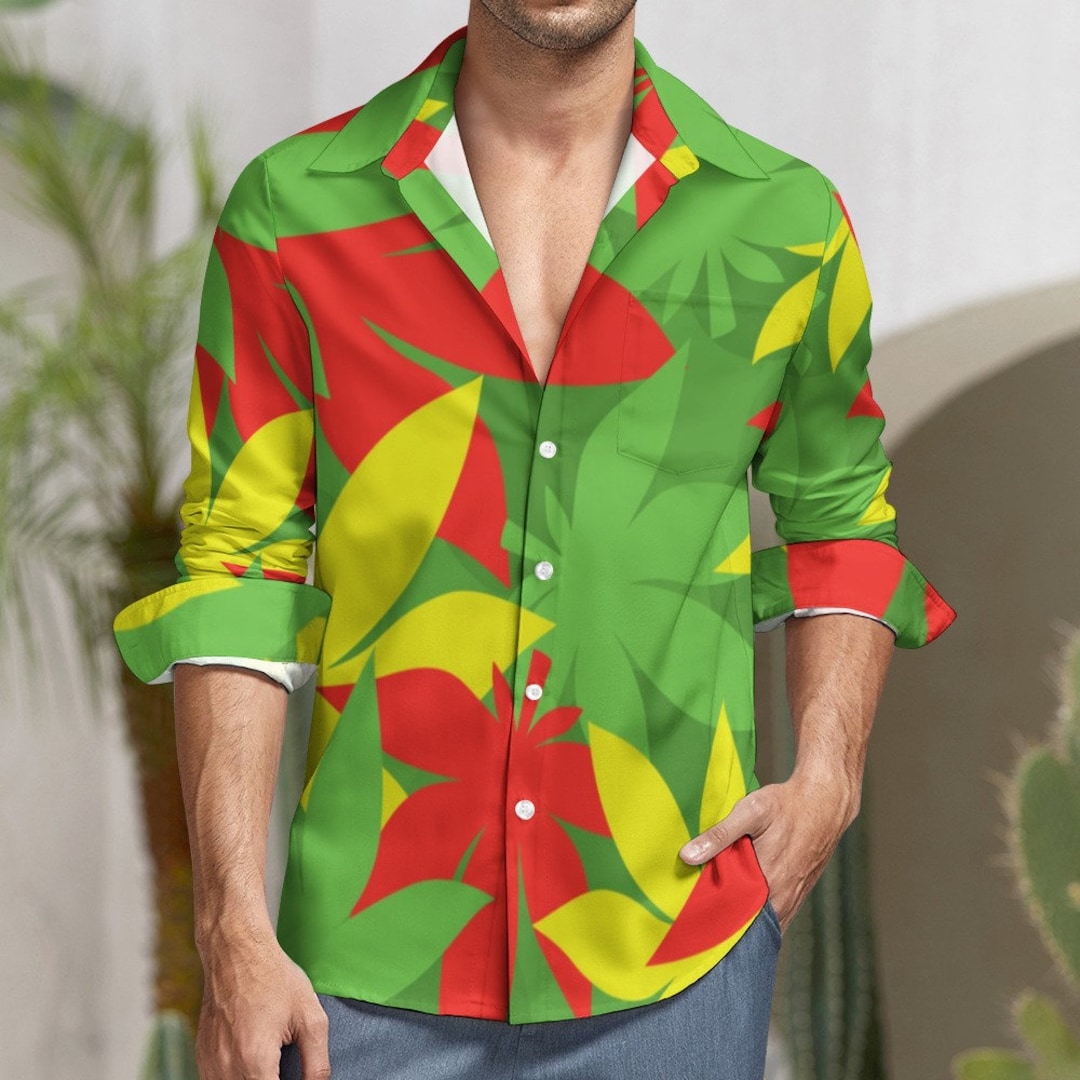 Peach Velvet Rasta Pattern Long Sleeve Shirt Long Sleeve Men Button up ...