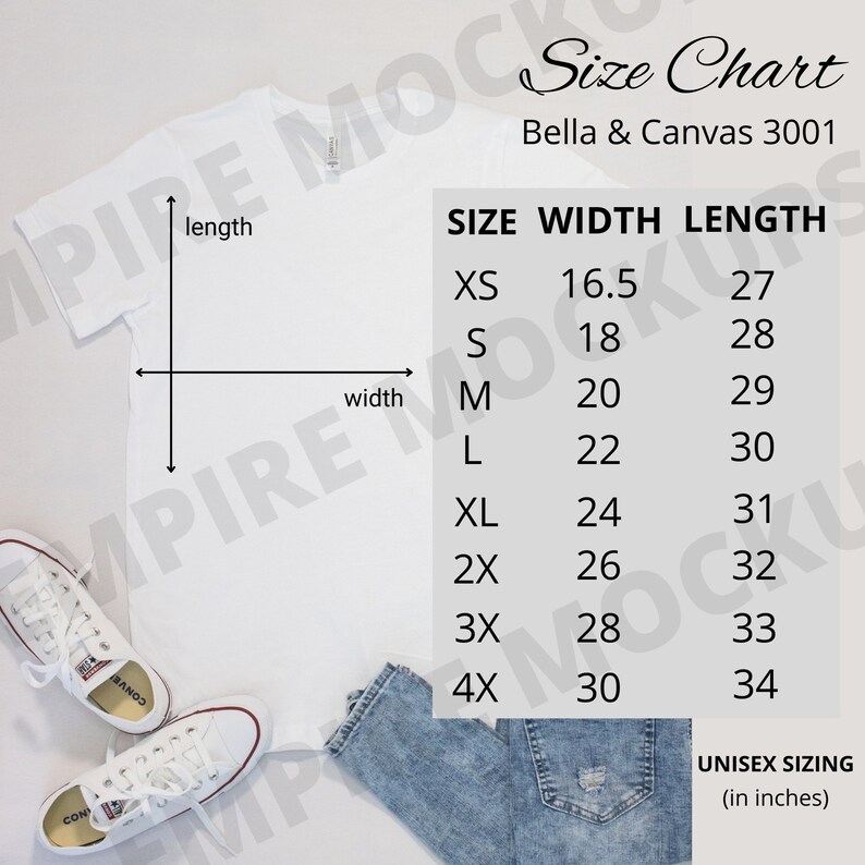 Bella Canvas 3001 Size Chart Mockup Shirt Sizing Bella Canvas Unisex ...
