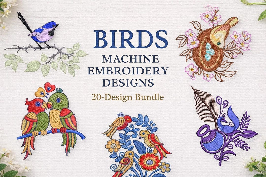 Birds Designs Bundle | 20 Bird Machine Embroidery Files | Floral & Folk ...