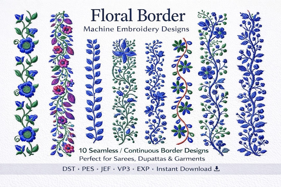 Floral Border Machine Embroidery Designs Bundle | 10 Continuous Borders ...