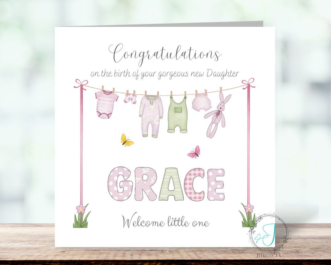 Cute Newborn Baby Girl Card With Personalised Baby Name - Etsy