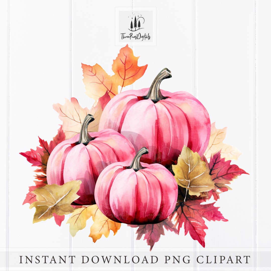 Watercolor Pink Fall Pumpkins Clipart Autumn Leaves - Etsy