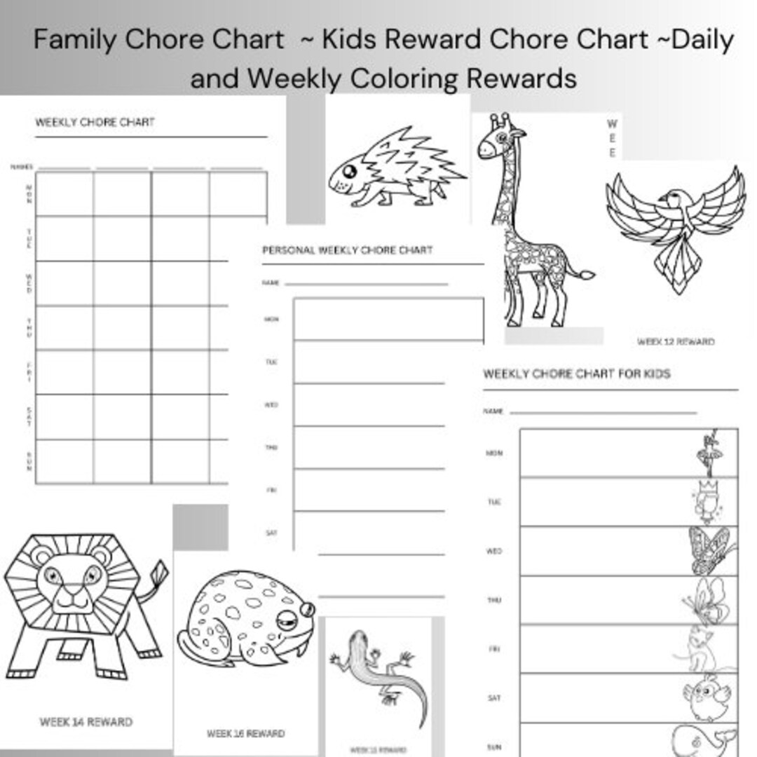 Kids Chore Chart Printable, 1 Small Daily Coloring Reward, 18 Coloring ...
