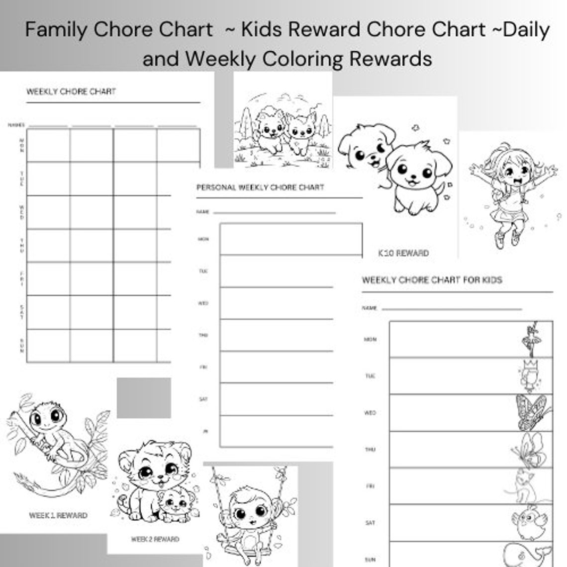Kids Chore Chart Printable, 1 Small Daily Coloring Reward, 12 Coloring ...