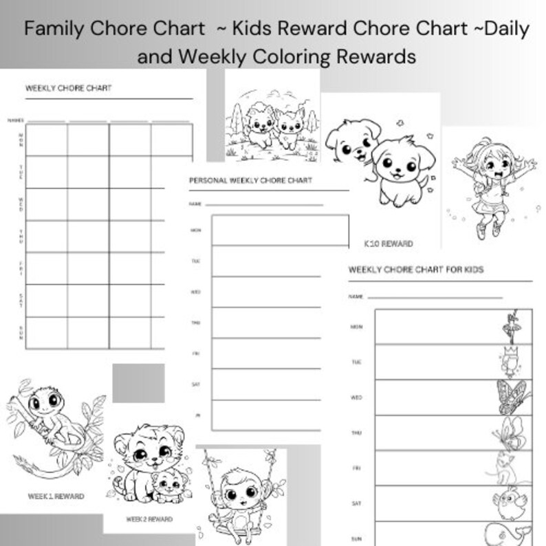 Kids Chore Chart Printable, 1 Small Daily Coloring Reward, 12 Coloring ...