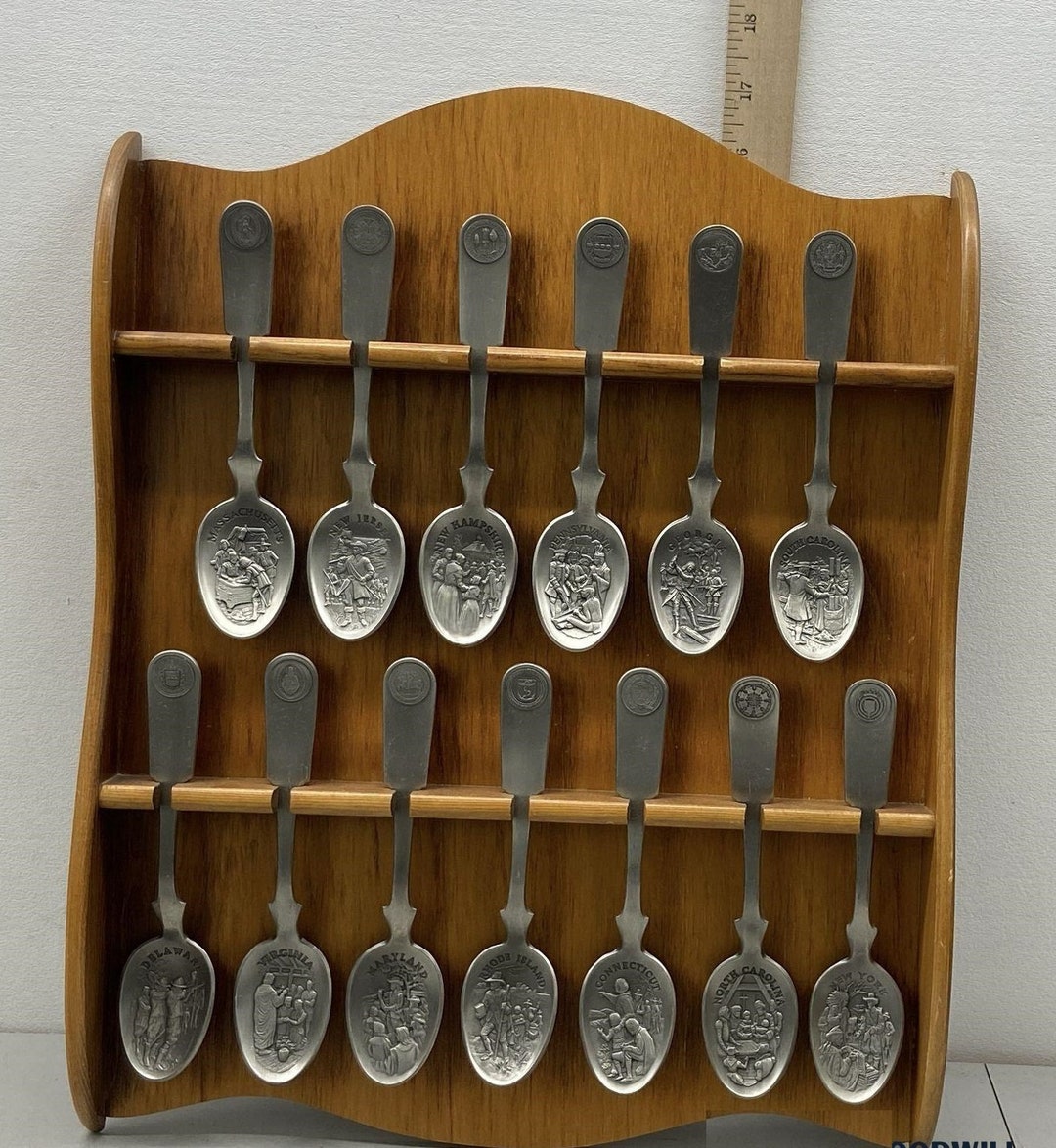 13 Franklin Mint Vintage Pewter State Collector Spoons W/ Wood Display ...