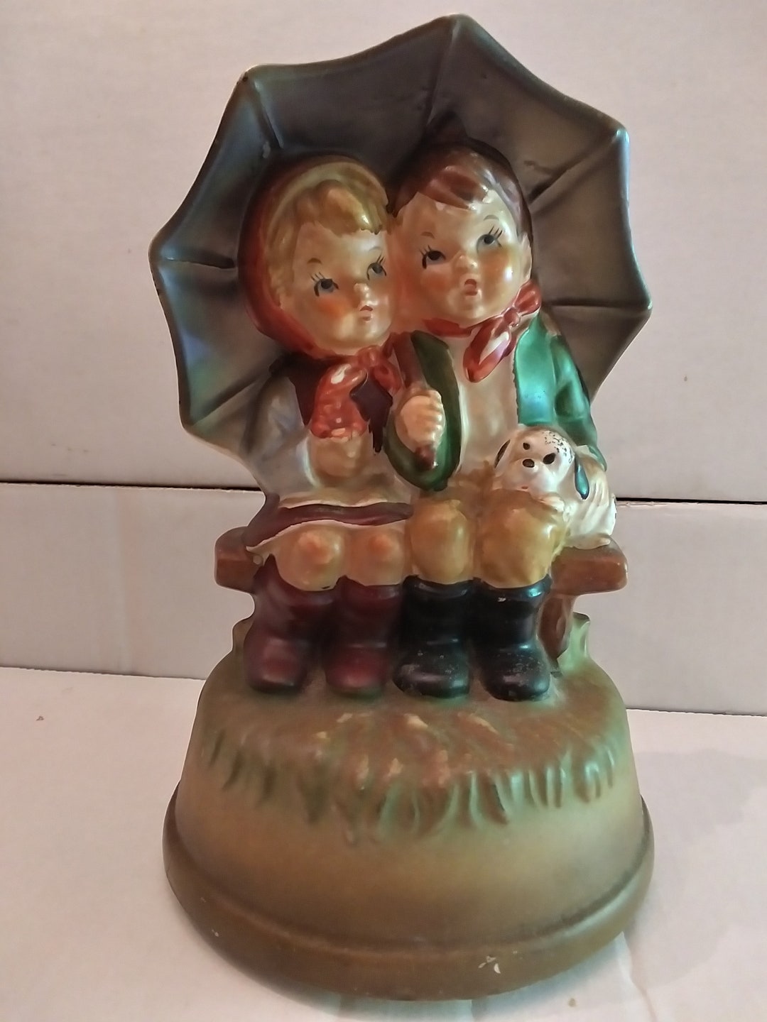 Vintage Japan Hummel Style Music Box Boy and Girl Under Umbrella ...