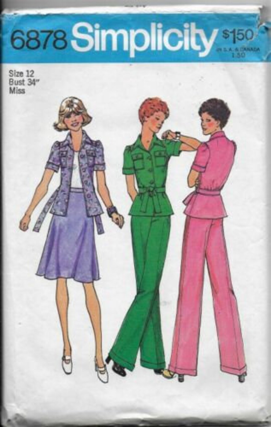 1975 Simplicity Sewing Pattern 6878 Misses' Jacket, Pants & Skirt Size ...
