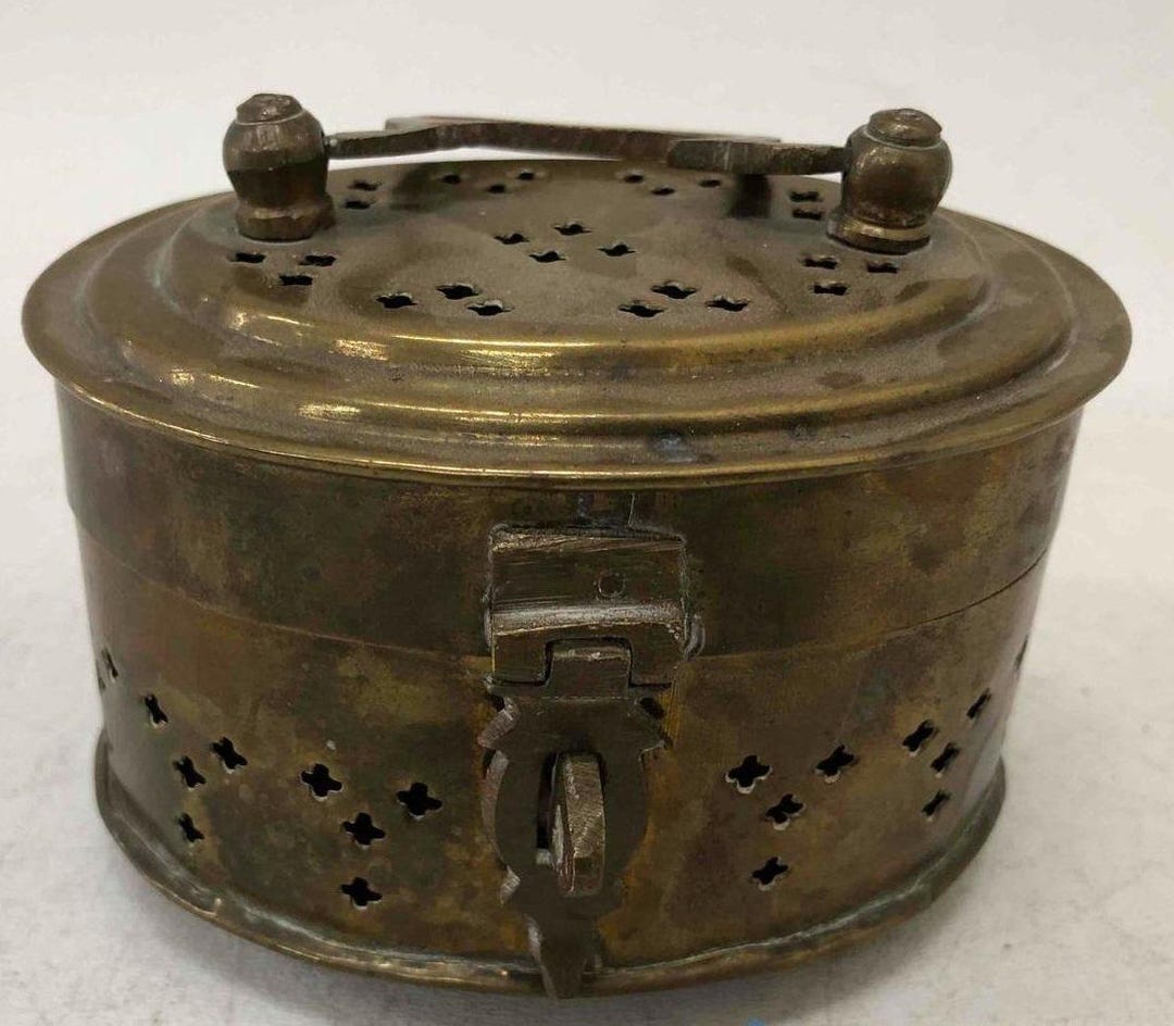 Older Bronze Toned Vintage Decorative Tin Trinket Box, Lock Latched ...