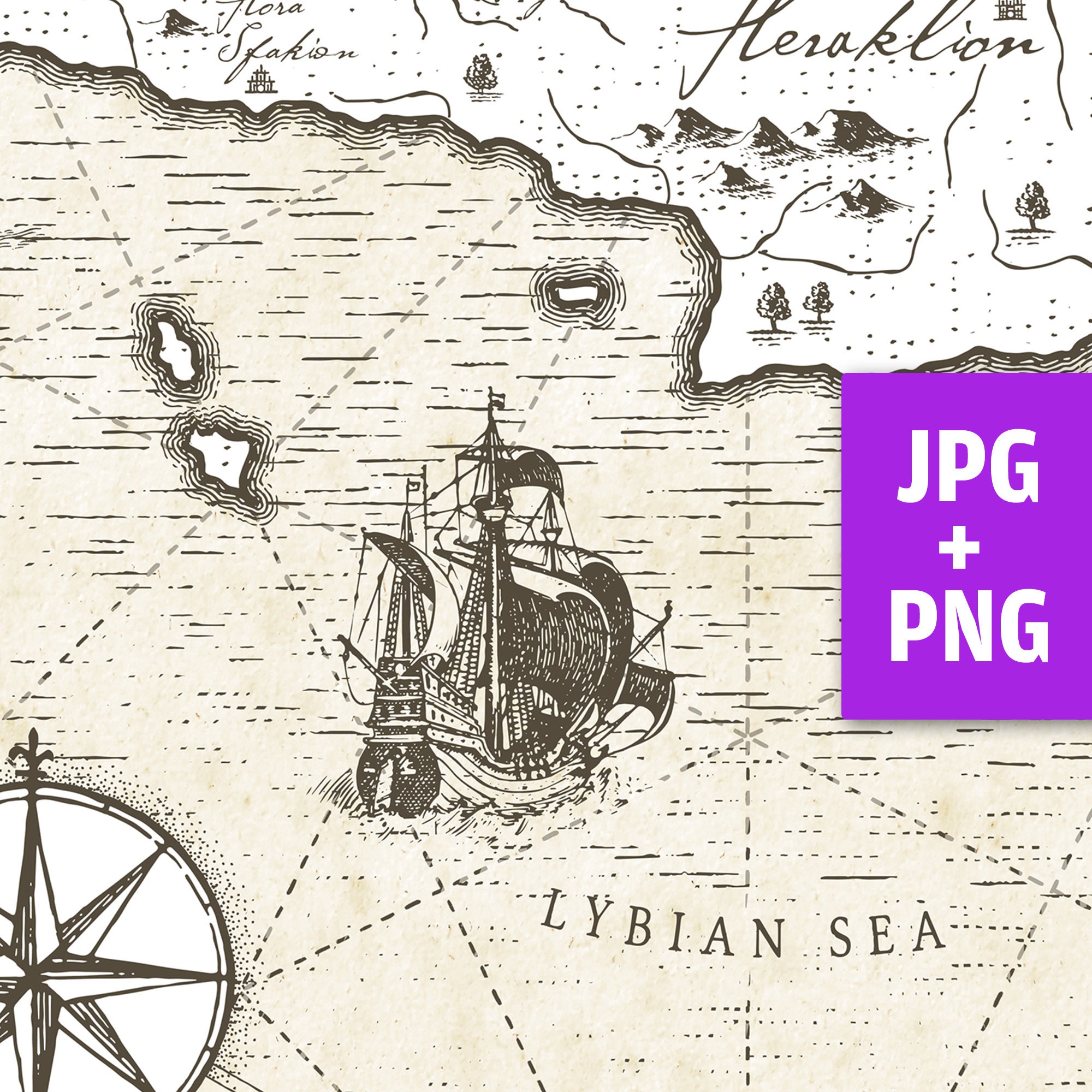 Crete Antique Vintage Map Download, Printable, JPG PNG, Playful Map ...