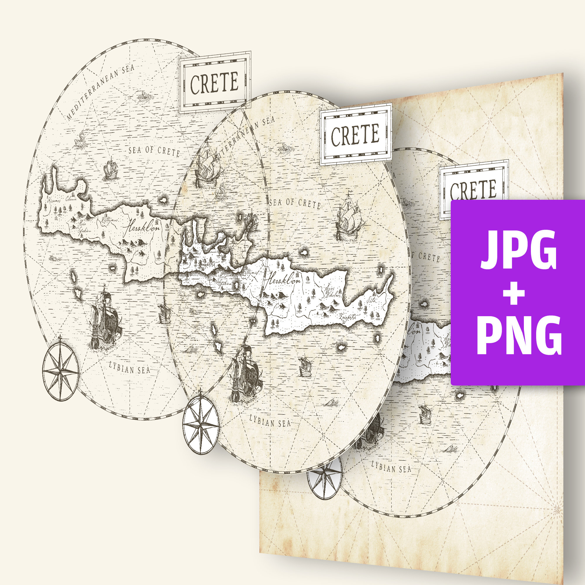 Crete Antique Vintage Map Download, Printable, JPG PNG, Playful Map ...