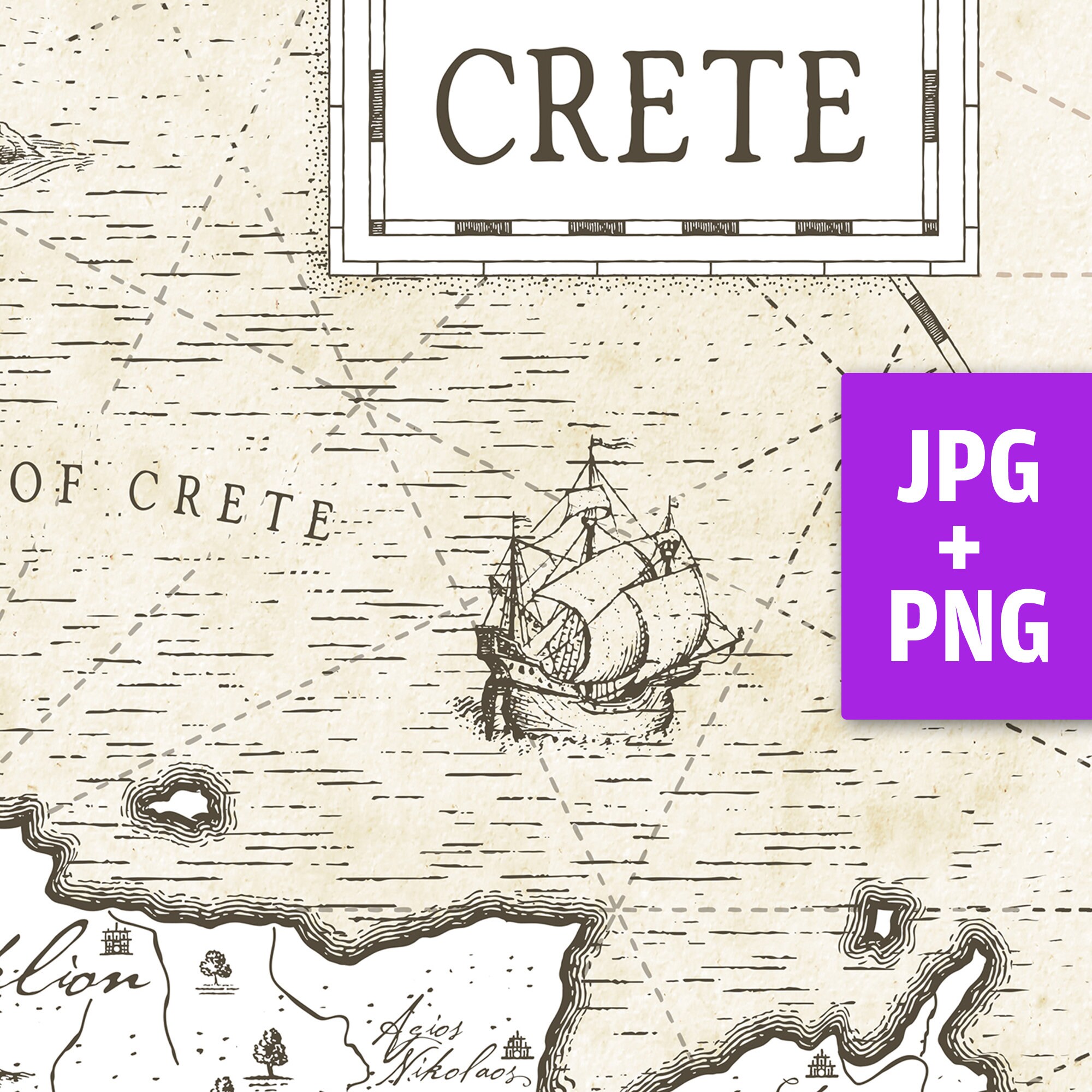 Crete Antique Vintage Map Download, Printable, JPG PNG, Playful Map ...