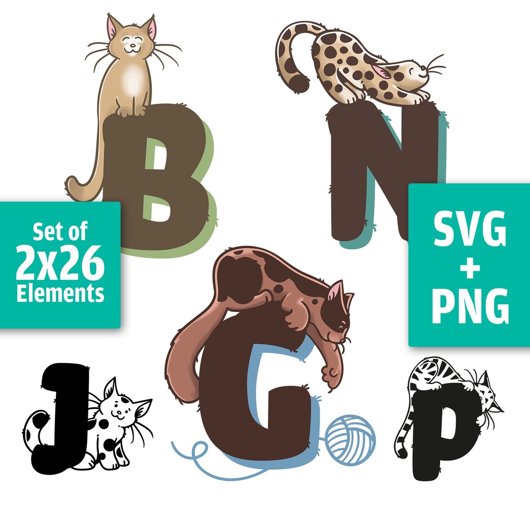 Print File, SVG PNG, Cricut, Cute Cats With Letters, Set Kittens ...