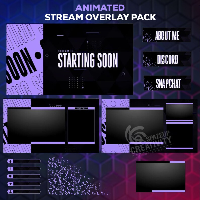 Violet Animated Stream Overlay Pack , Twitch Overlay Package Animated ...