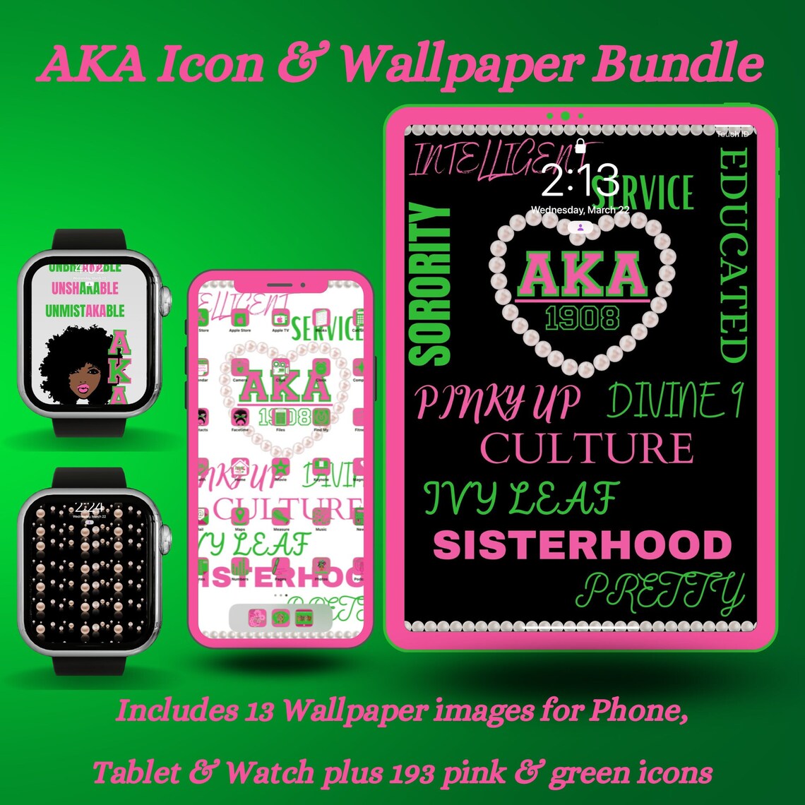 AKA IOS Wallpaper and Icon Bundle Pink and Green Home and Lock Screen ...