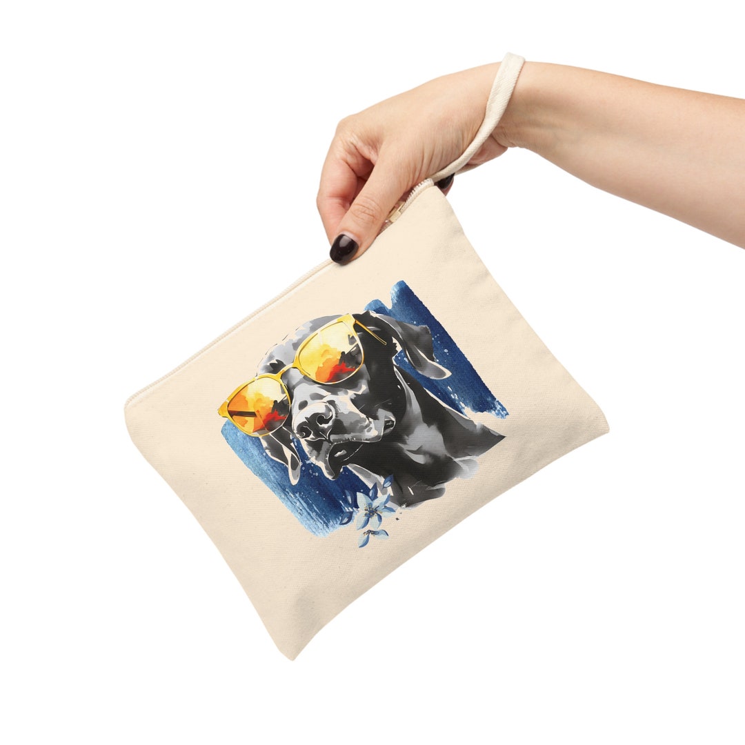 Black Labrador Dog Print Zipper Pouch, Cream Canvas Makeup Bag, 100% ...