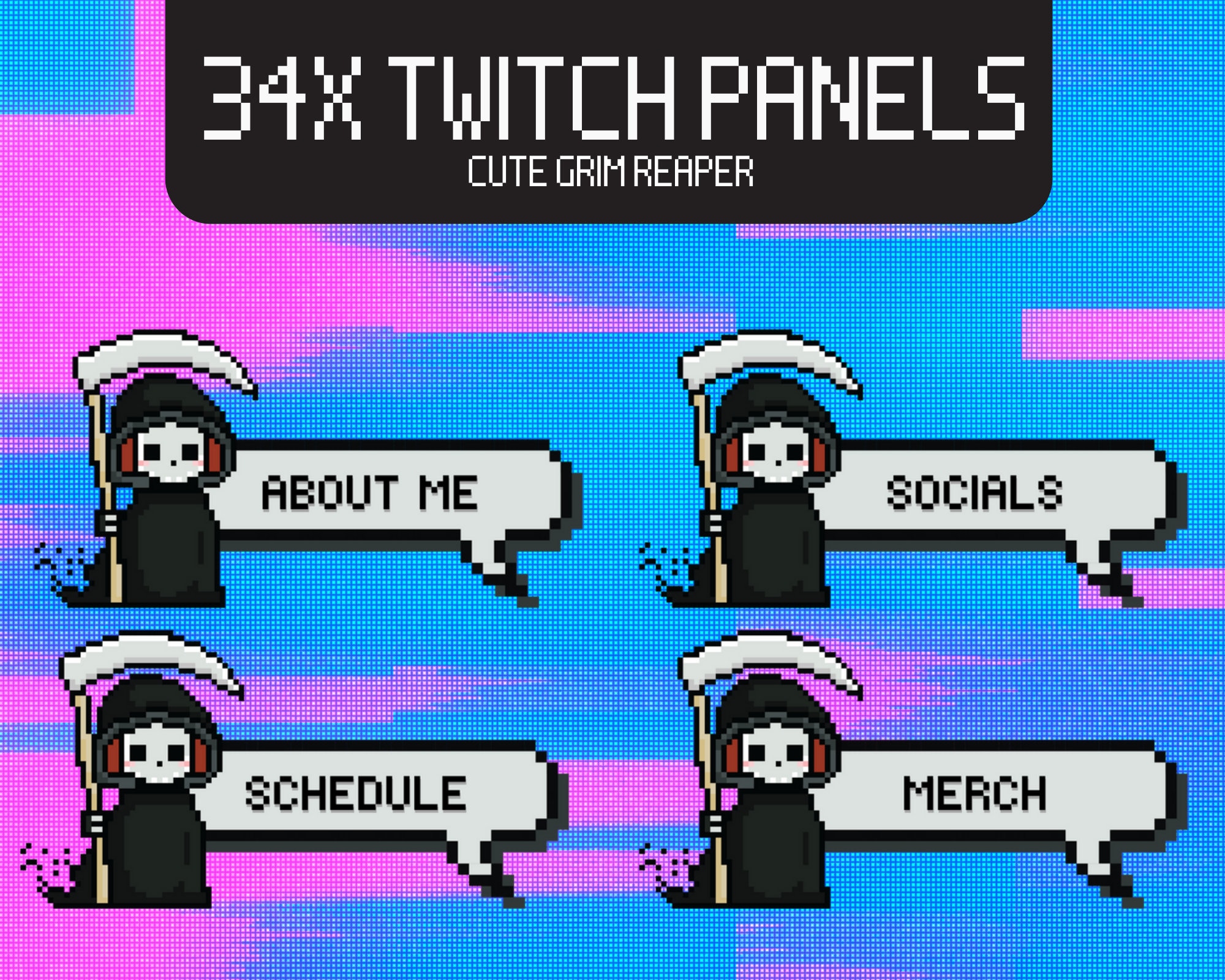 34X Pixel Halloween Cute Grim Reaper Twitch Panels | Scary | Skull ...
