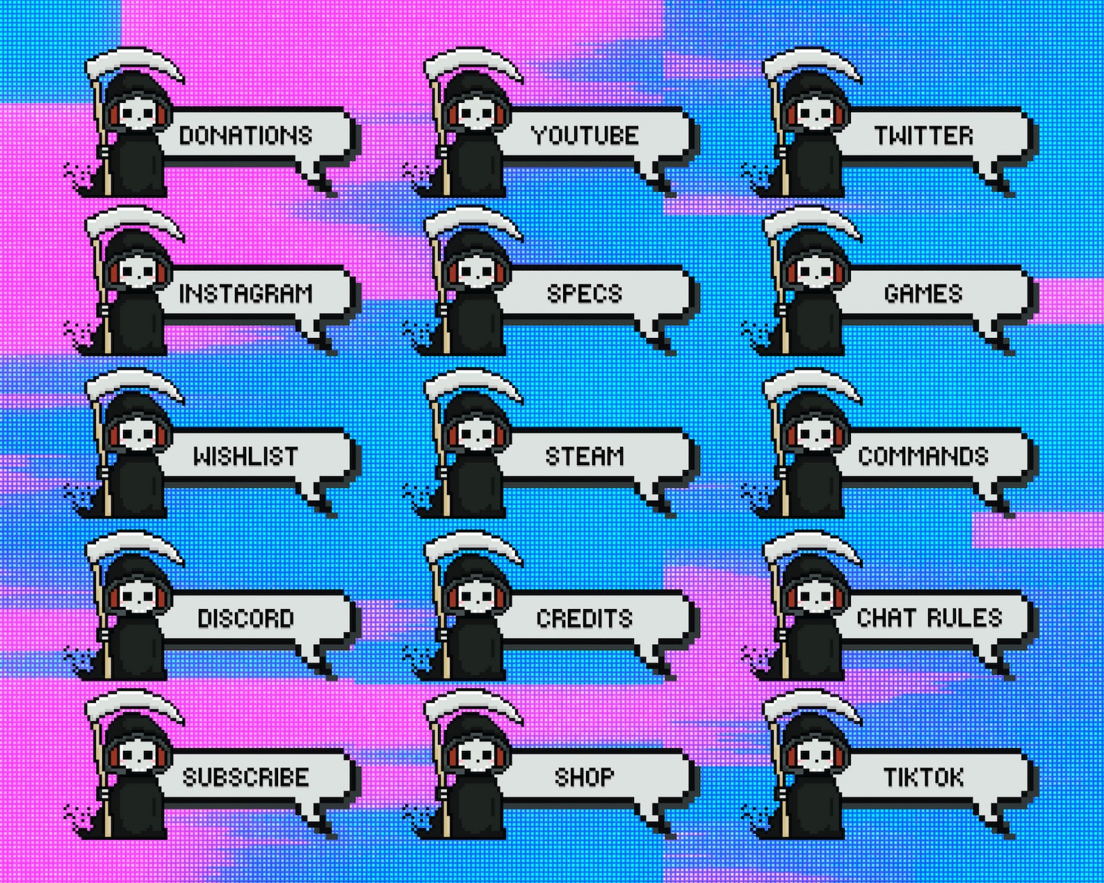 34X Pixel Halloween Cute Grim Reaper Twitch Panels | Scary | Skull ...