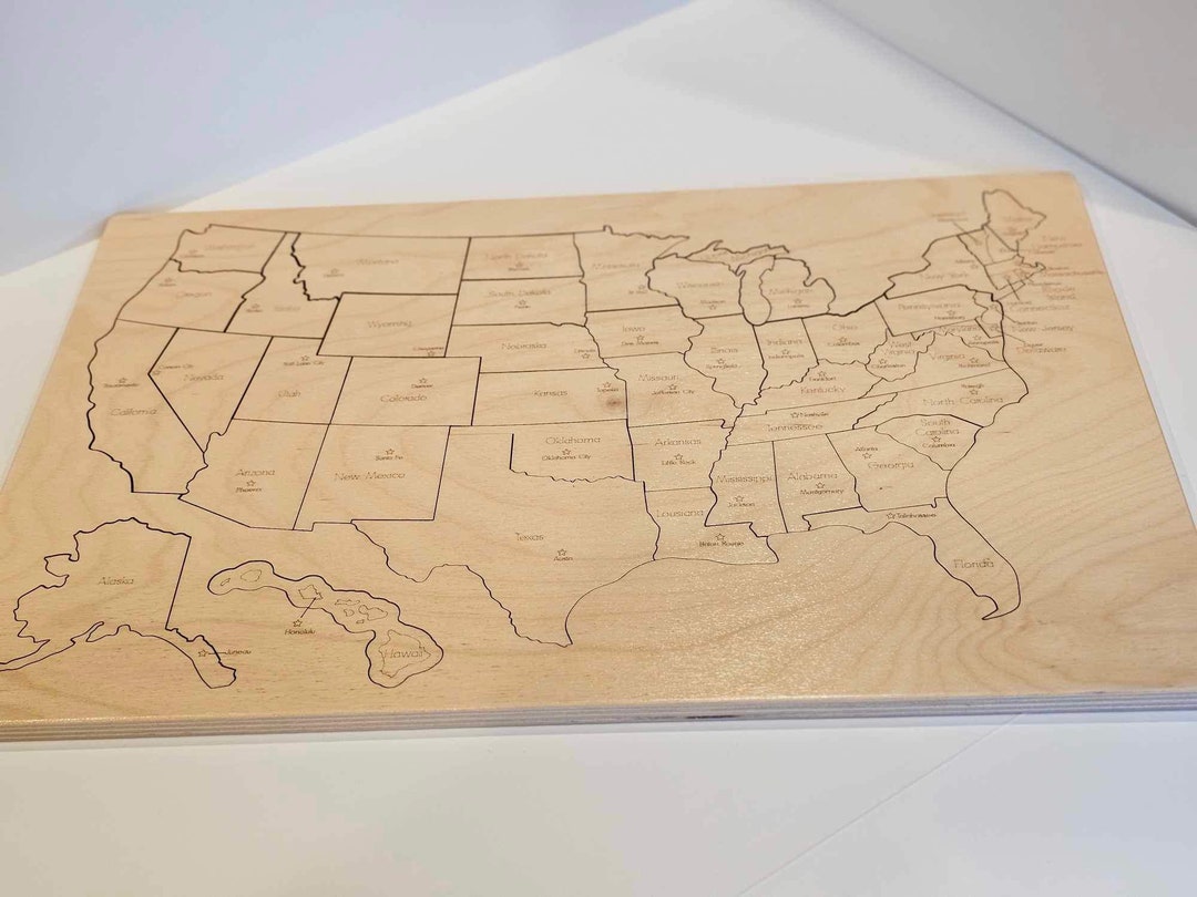 USA Puzzle With State and Capital Names, Laser Etched Wooden Puzzle ...