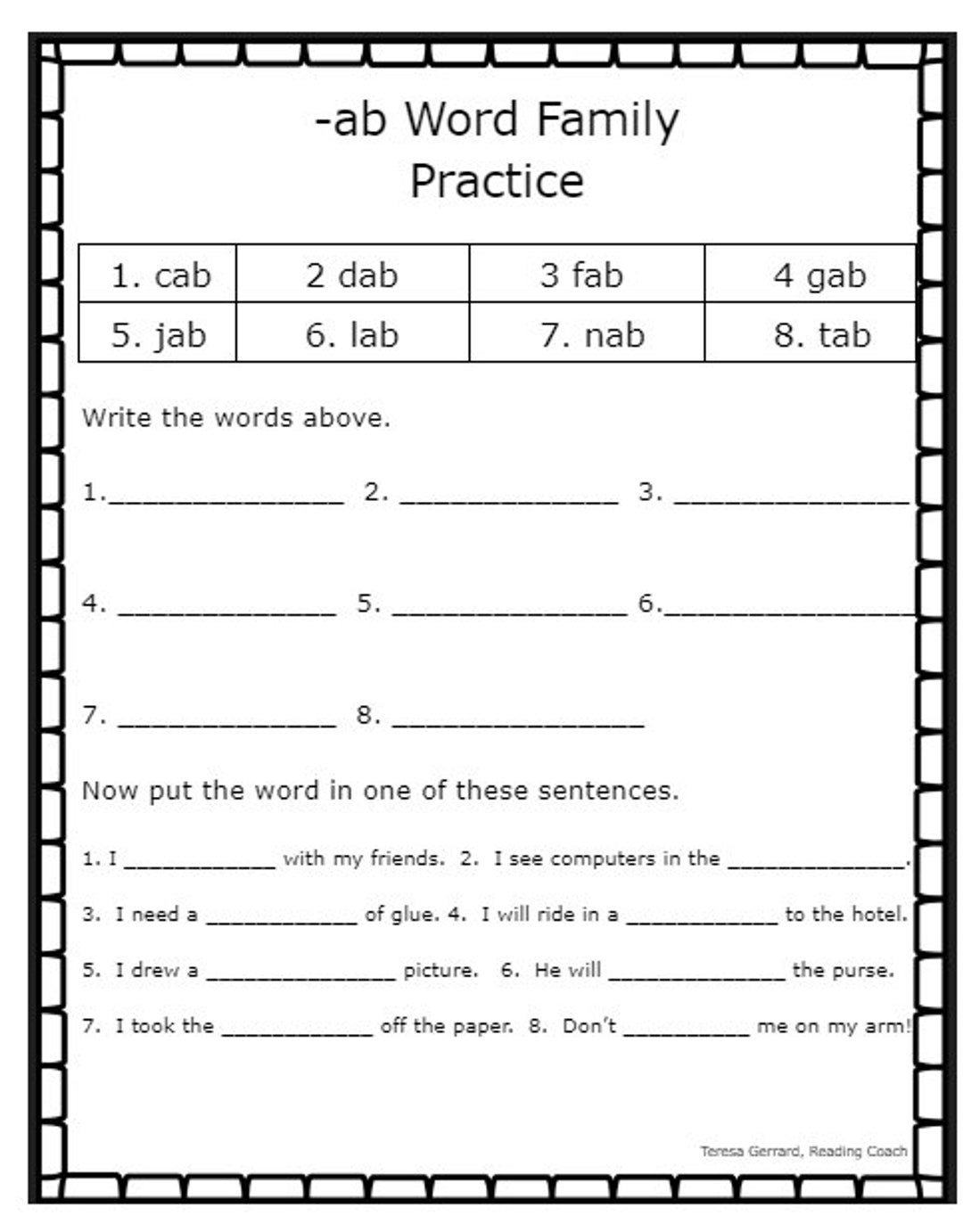Ab Word Family Word Work - Etsy