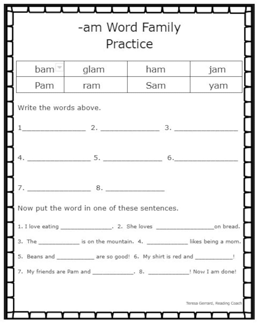 Am Word Family Word Work - Etsy