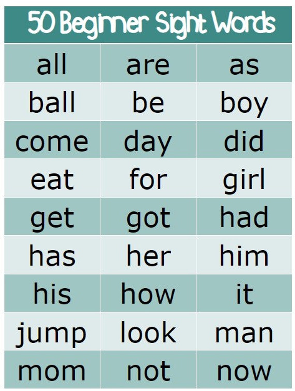 50 Beginner Sight Words for K-1st Grade - Etsy