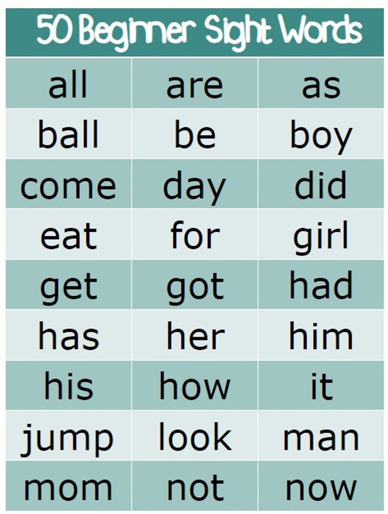 50 Beginner Sight Words for K-1st Grade - Etsy