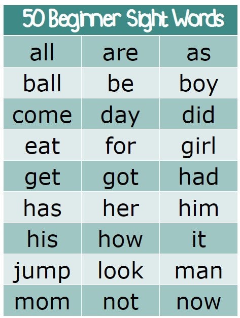 50 Beginner Sight Words - Etsy