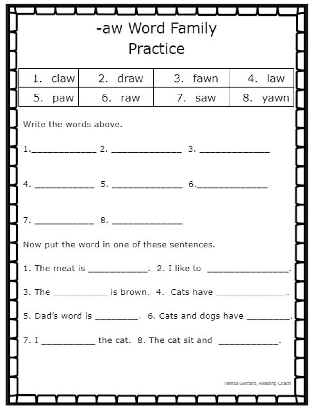 Aw Word Family Word Work - Etsy