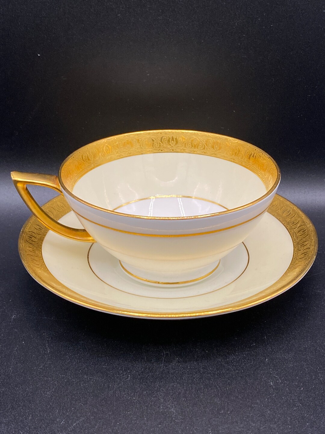Minton 2x Tea Cup and Saucer. White Bone China, Cream and Gold Bands ...