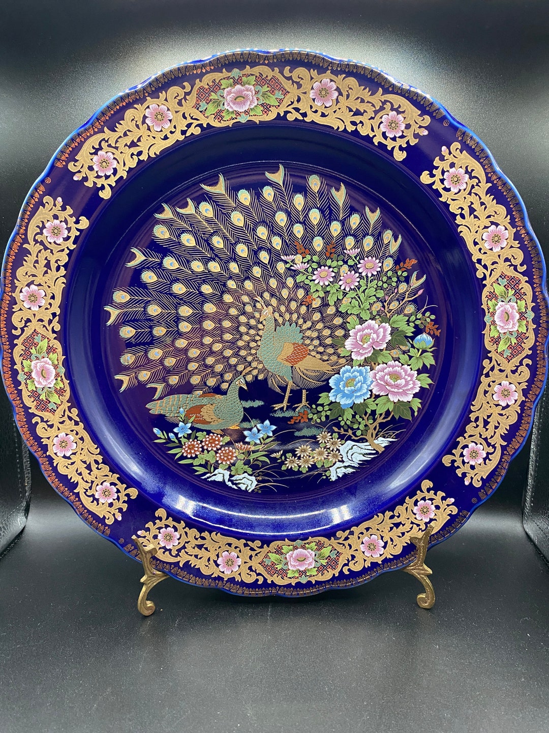 Taous Plate, Porcelain, Cobalt Blue, Peacock and Flowers, Gold ...