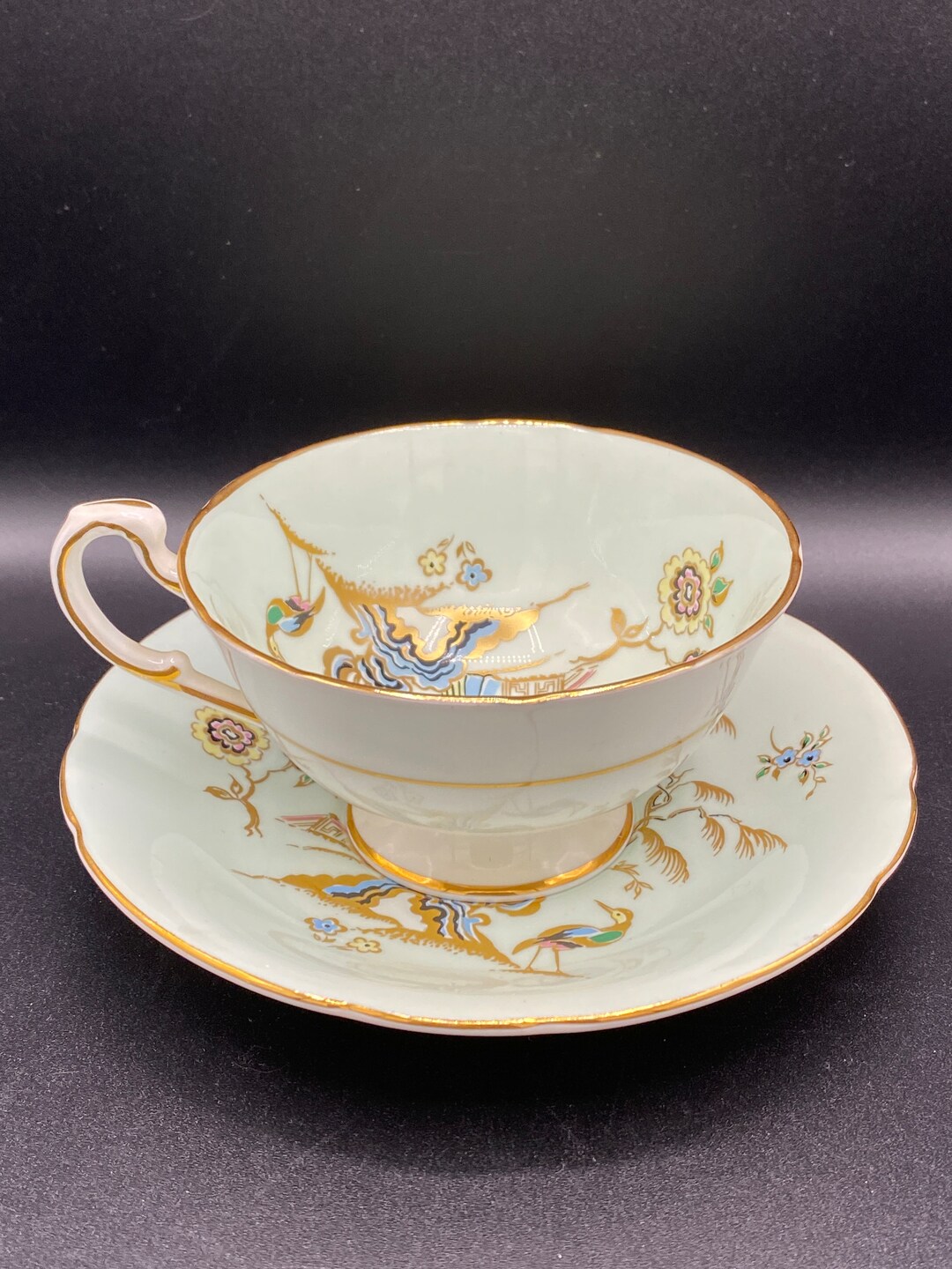 Paragon Teacup & Saucer, Bone China Pale Blue Green Chinoiserie ...