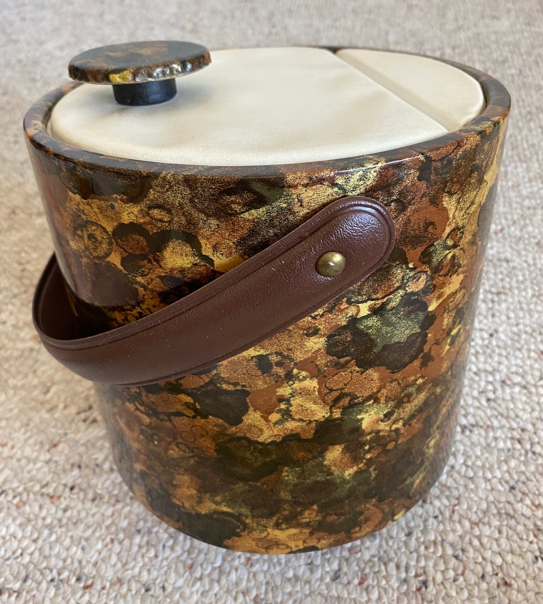 Ice Bucket Faux Tortoise Shell Vinyl Brown/gold/white Plastic W Hinged ...