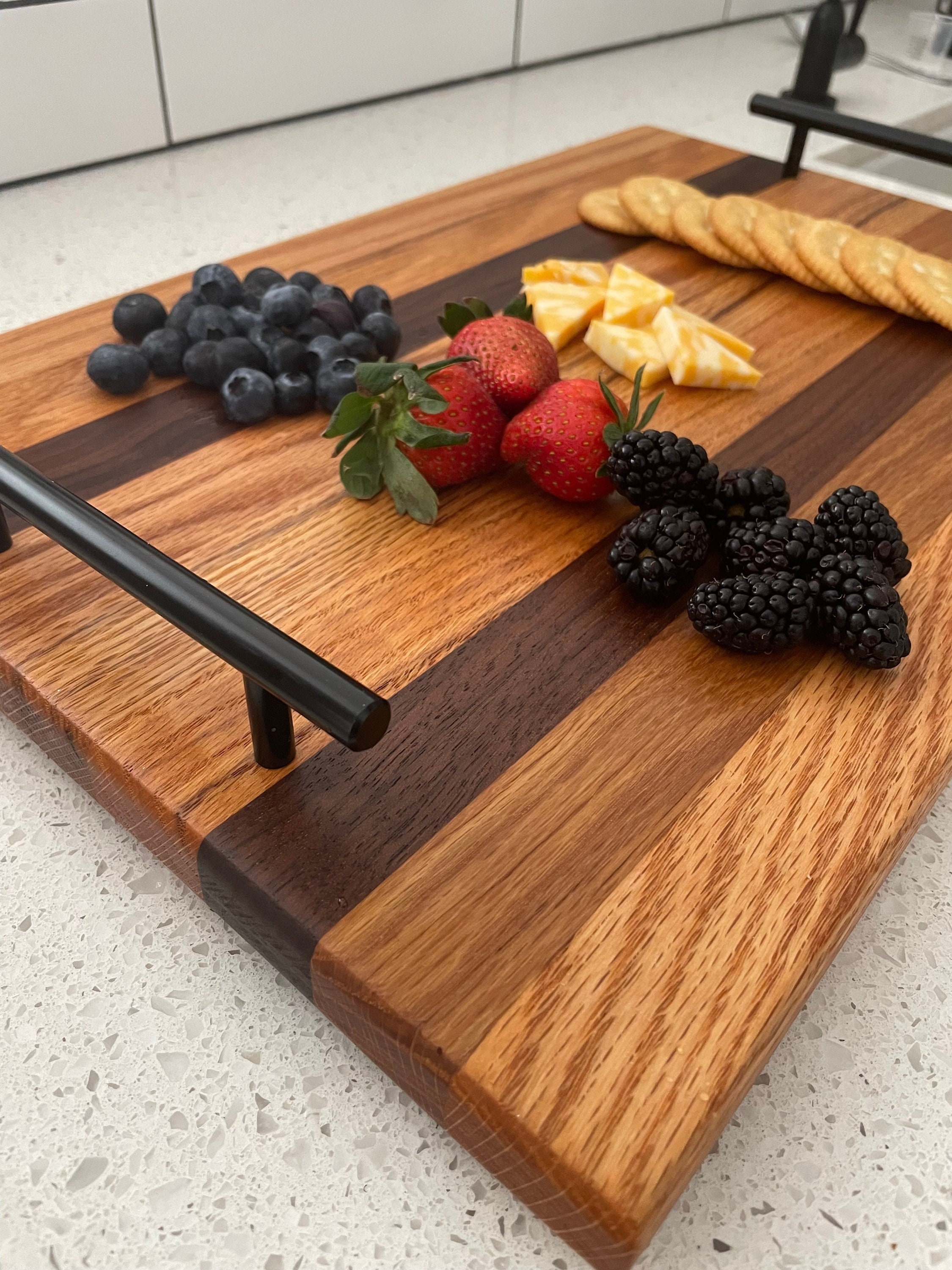Handmade Serving Board With Handles, Modern Striped Hardwood Tray ...