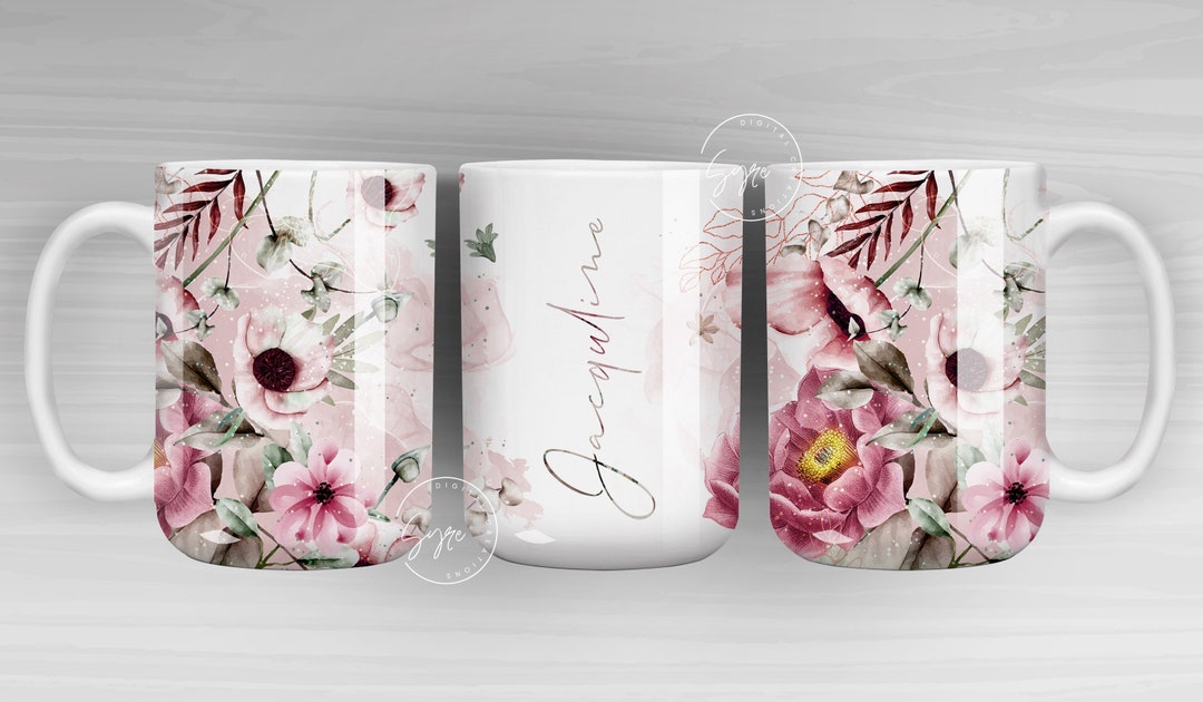 Floral Mug Wrap Add Your Name Mug Design Flower Sublimation - Etsy