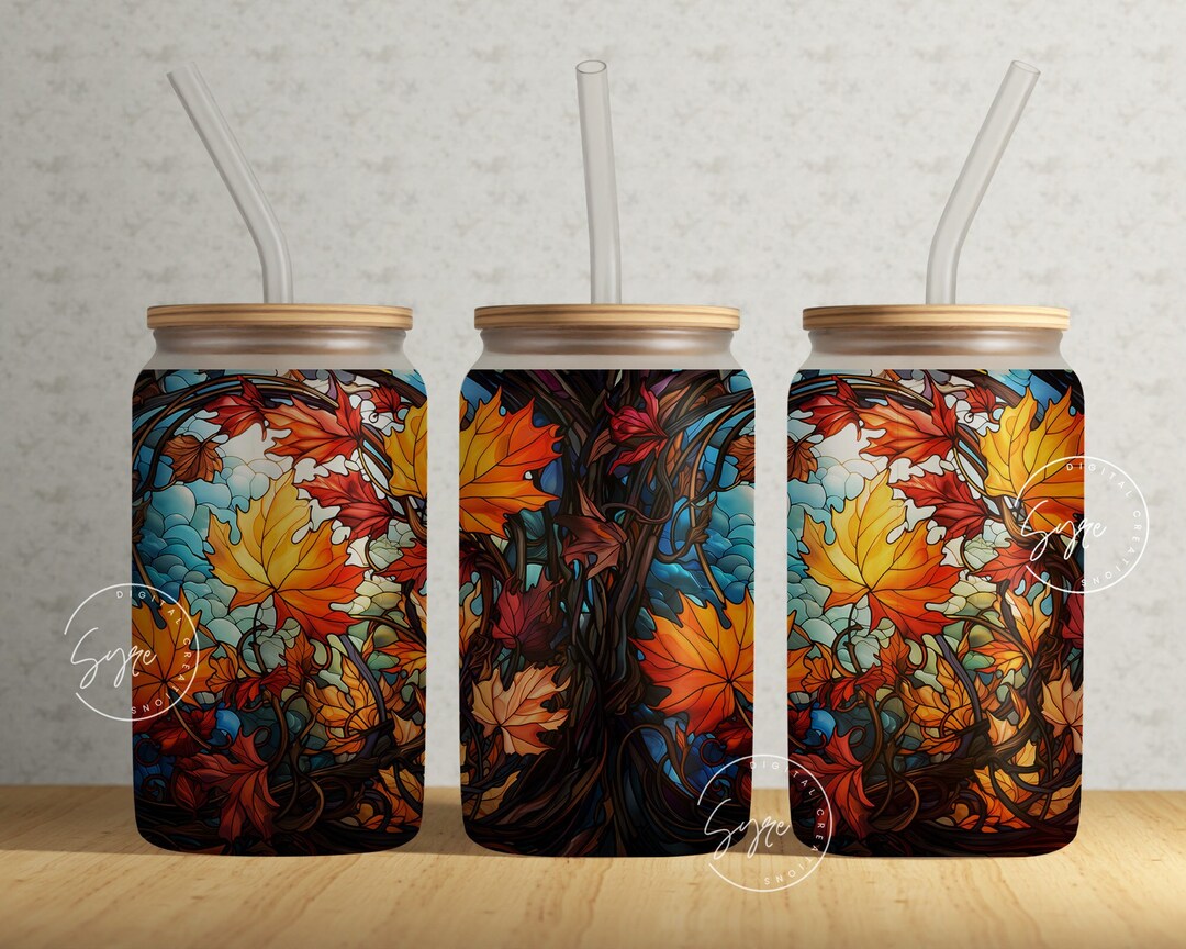 Autumn Fall Leaves, Stained Glass Design, 16oz Libbey Glass Jar Tumbler ...